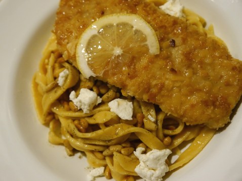 Cracker-Crusted Flounder over Pasta with Goat Cheese, Pine Nuts, and ...