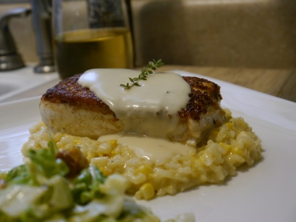 Crunchy Seared Halibut over Sweet Corn Risotto with Truffle Cream Sauce ...